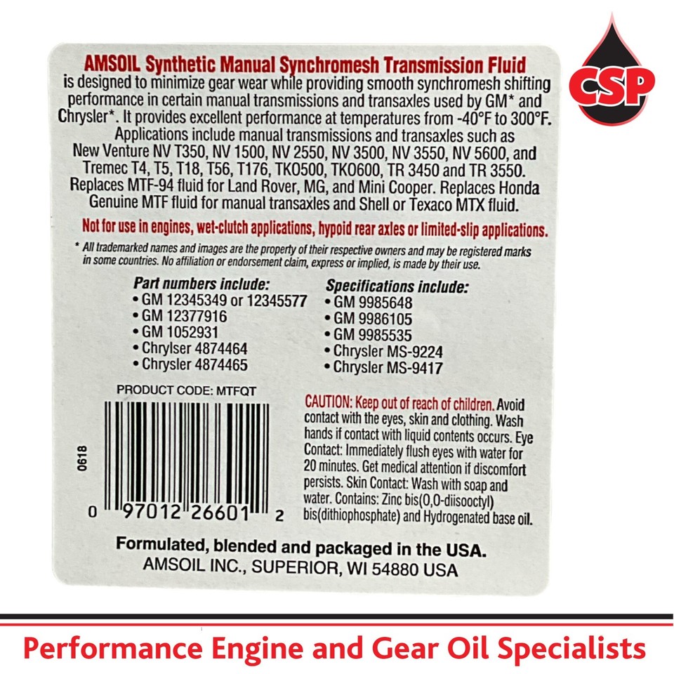 Amsoil Manual Synchromesh Transmission Fluid MTF - 1 US Quart - 0.94 ...
