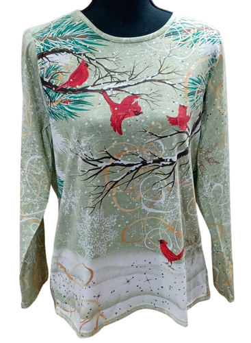 Jason Maxwell Top Blouse Size Large Green White Cardinals Birds Winter ...