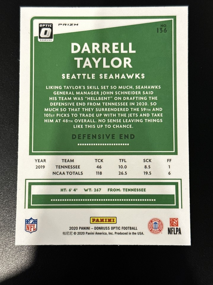 DARRELL TAYLOR 2020 Donruss Optic RC Rookie PINK Prizm #136 Volunteers ...