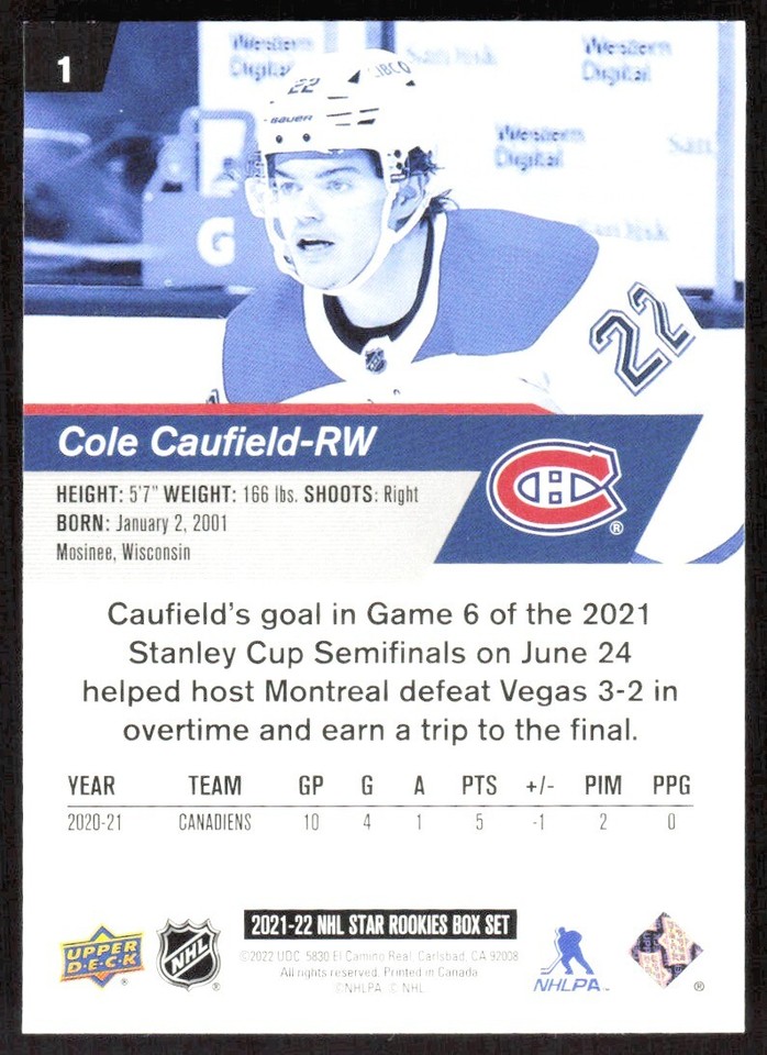 2021-22 5082B Upper Deck Deck NHL Star Rookies Box Set Cole Caufield ...