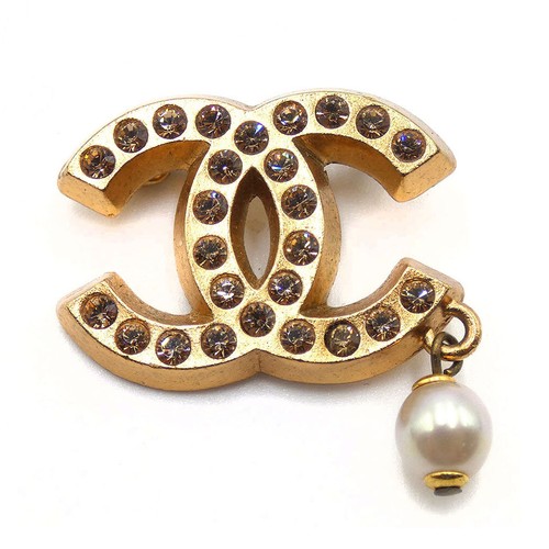 CHANEL Accessories Rhinestone X Plated Fake Pearl Coco Mark Brooch Gold ...