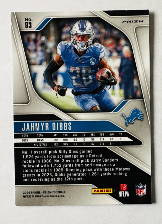 2024 Panini Prizm Jahmyr Gibbs RED WHITE BLUE Prizm Card #93 Lions Star ...