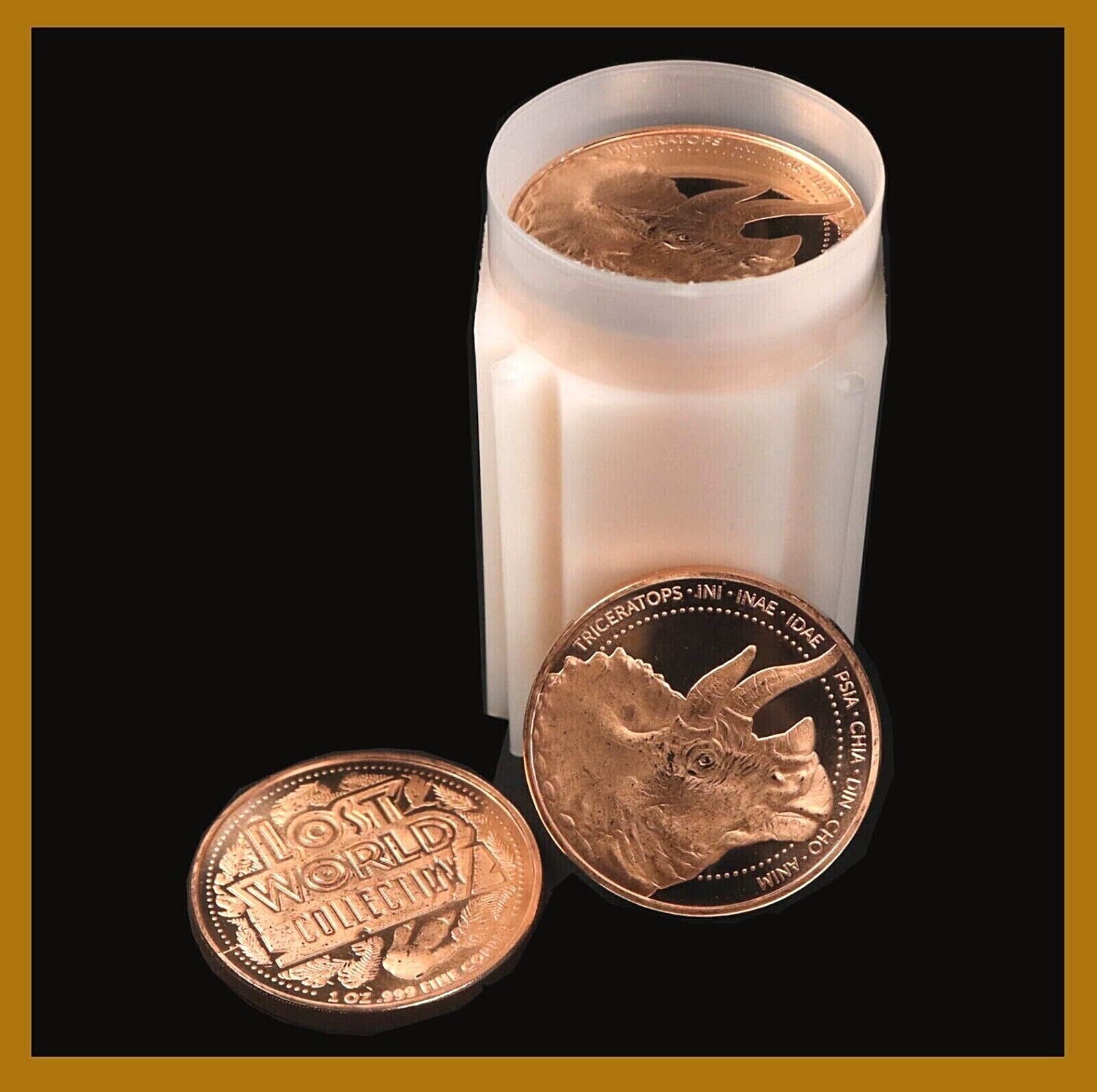 Triceratops Dinosaur 1 OZ .999 Fine Copper Round Bullion Roll Tube (20 ...