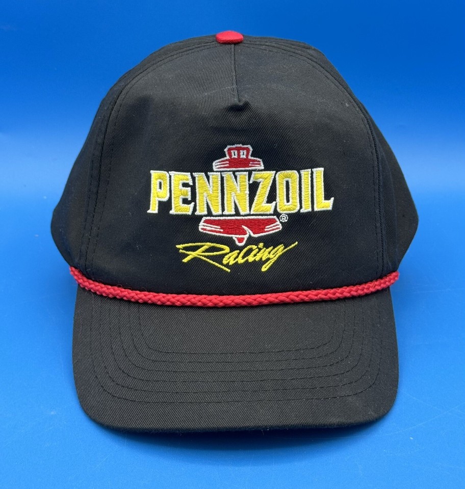 Vintage Penzoil Racing Hat Black Red Rope leather Strap Back Cap Logo ...