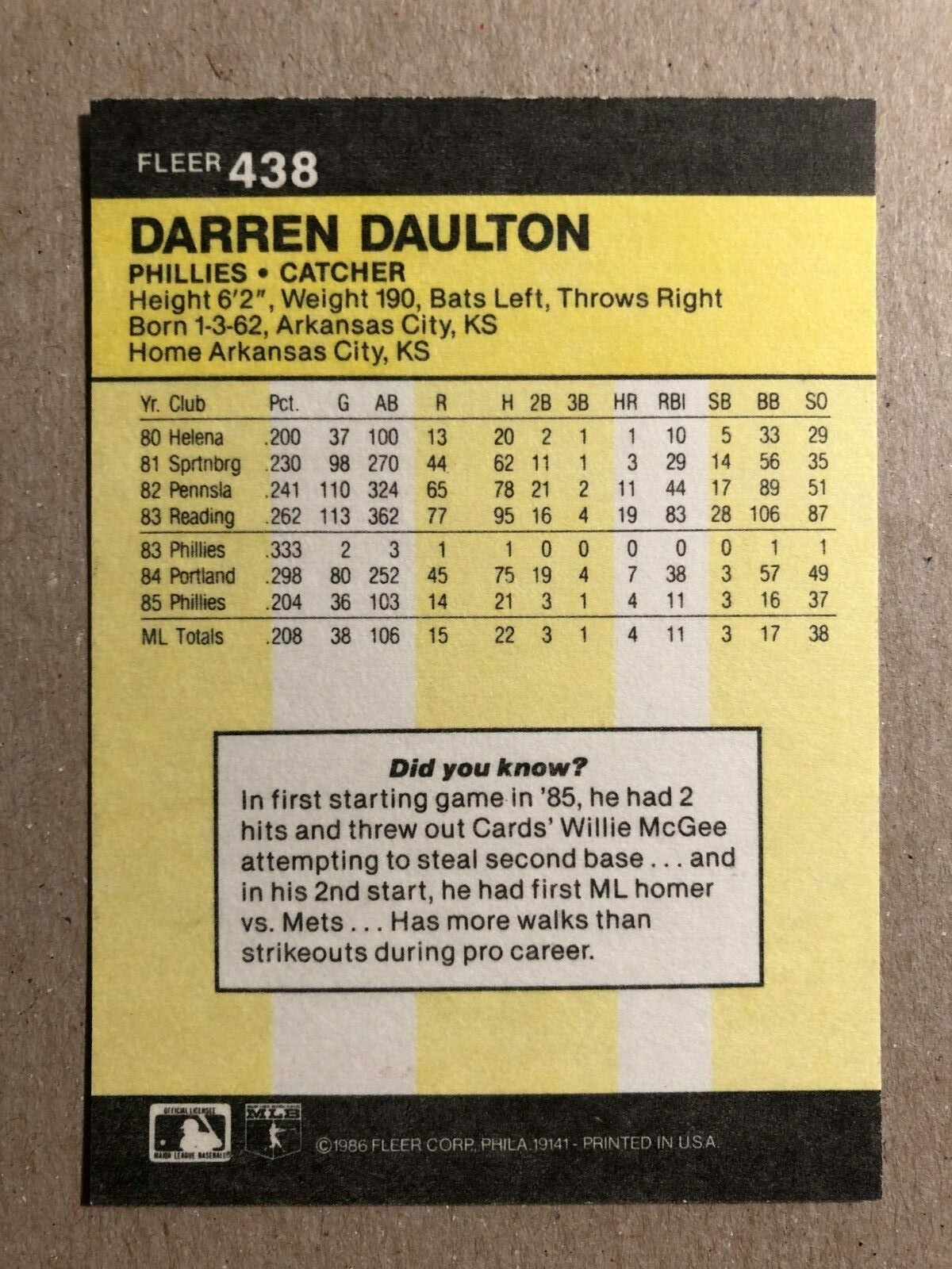 (10) 1986 Fleer Darren Daulton Rookie Card Lot #438 - Phillies MLB RC ...