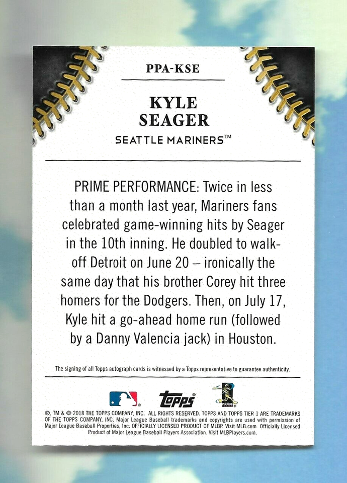 KYLE SEAGER 2018 TOPPS TIER ONE AUTOGRAPH AUTO ON CARD #'D /285 MLB ...