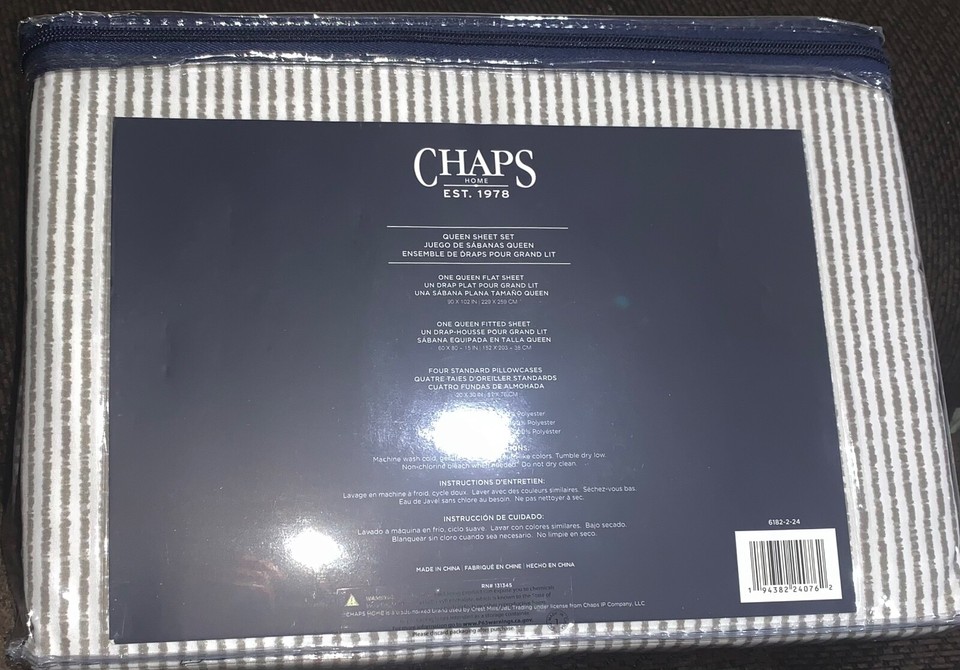 CHAPS by Ralph Lauren 6pc QUEEN Sheet Set with 4 Pillowcases White Grey ...