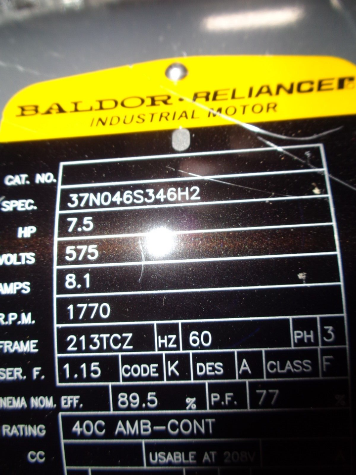 BALDOR 7.5HP 575V 1770rpm 8.1A 3PH Motor Rating 40C AMB-CONT | eBay