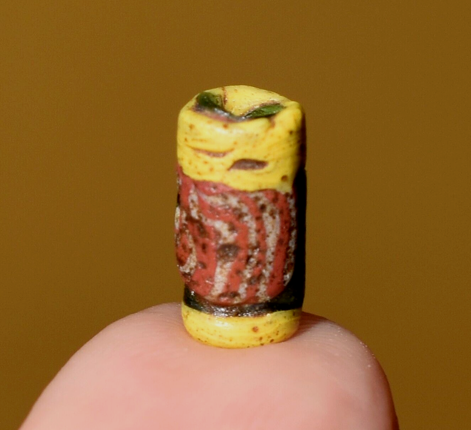 Ancient Dark Green Wound Bead Yellow End Stripes Cane Inserts Mali ...