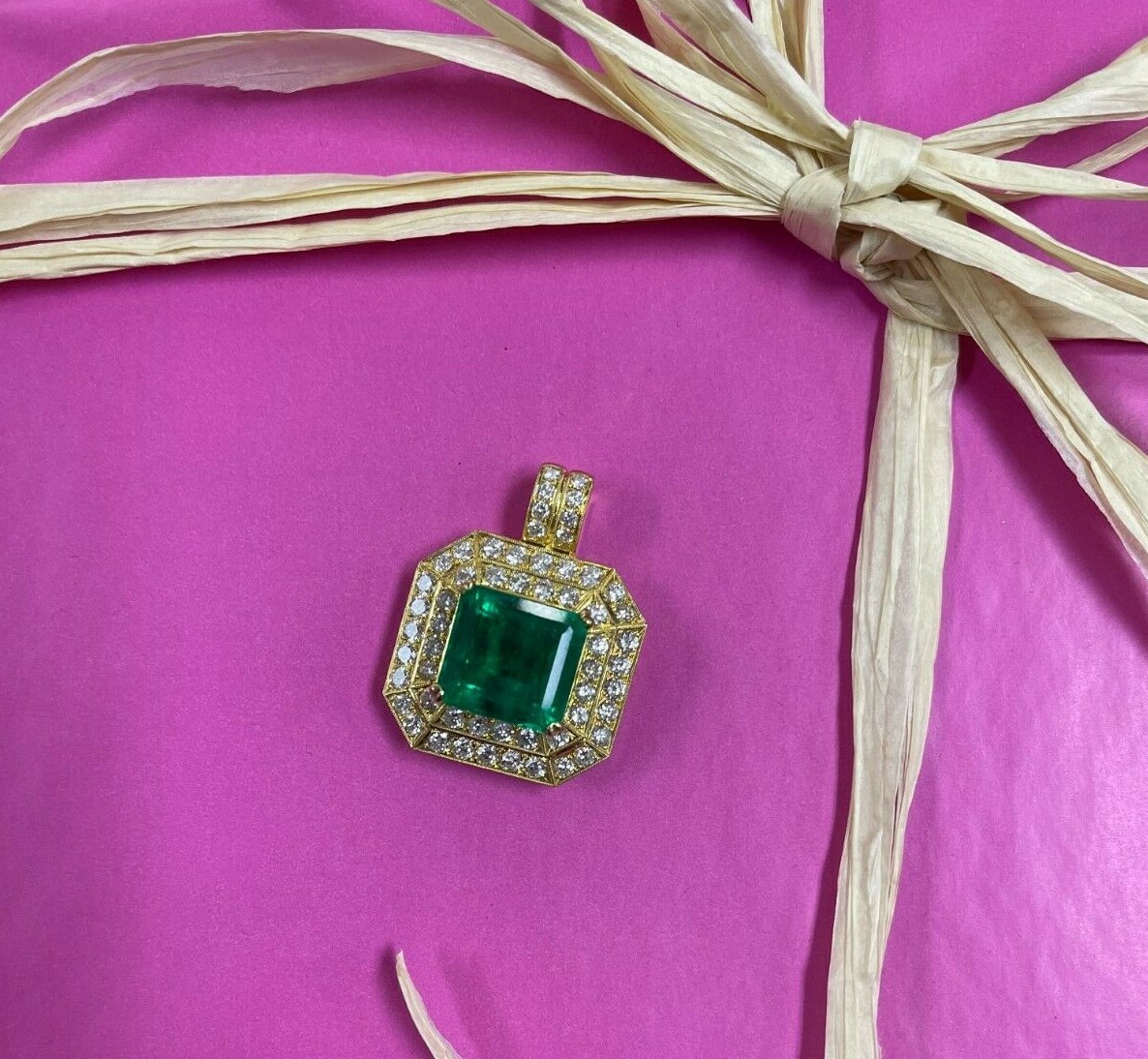 18K Yellow Gold Emerald and Diamond Pendant (Sold tog… - Gem