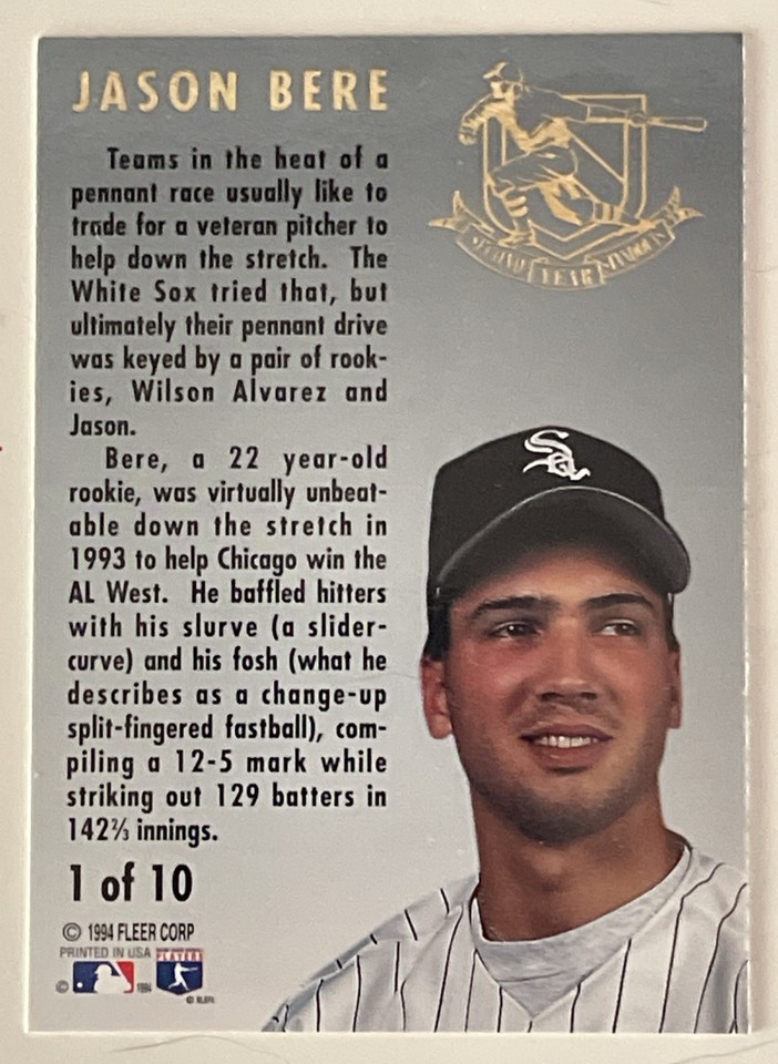 1994 Fleer Ultra #1 Jason Bere ~ Second Year Standouts ~ Chicago White ...