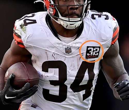 as seen on CLEVELAND BROWNS Jerome Ford JERSEY Jim Brown MEMORIAL stick ...