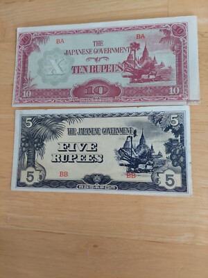2 different Japanese Occupation notes Burma 5 & 10 Rupees Circulated | eBay