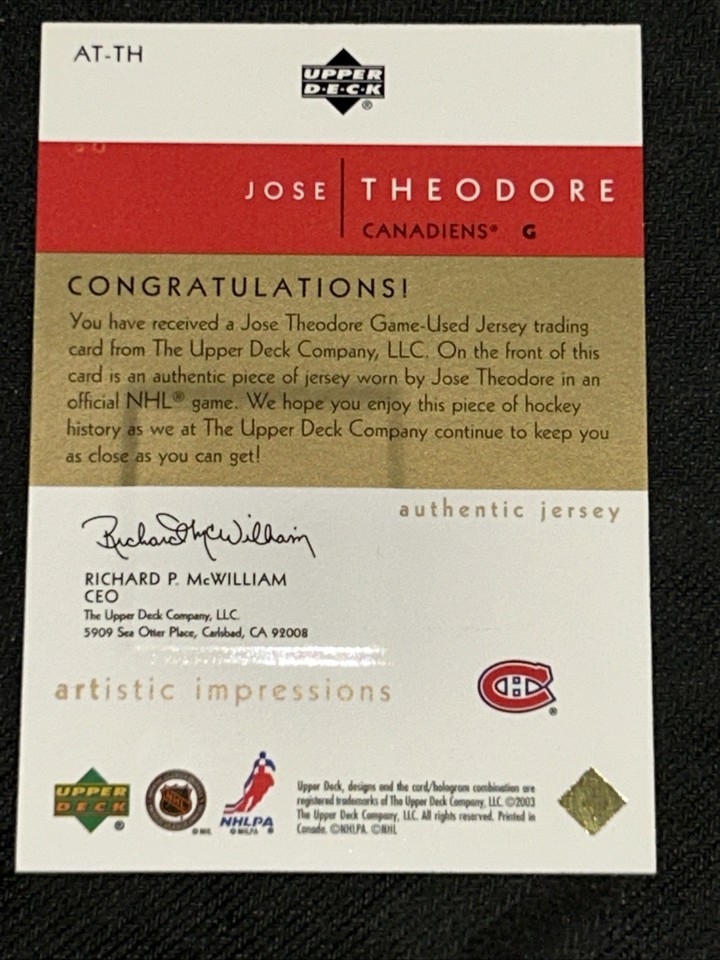 JOSE THEODORE GOLD Jersey #/199 2002-03 UD Artistic Impressions | eBay