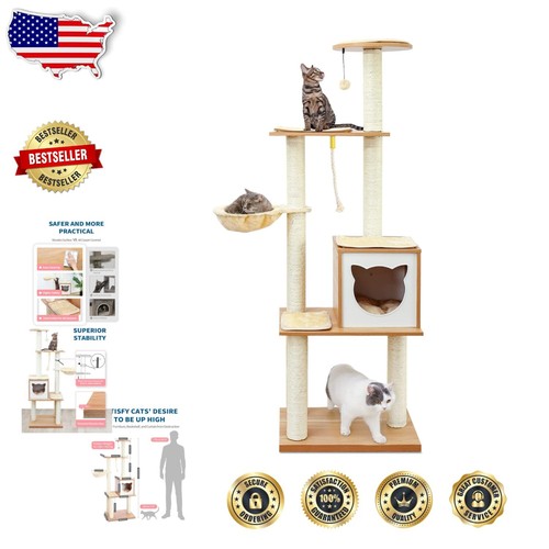 65" Walnut Wooden Cat Tree with Removable Pads & Sturdy Scratching ...
