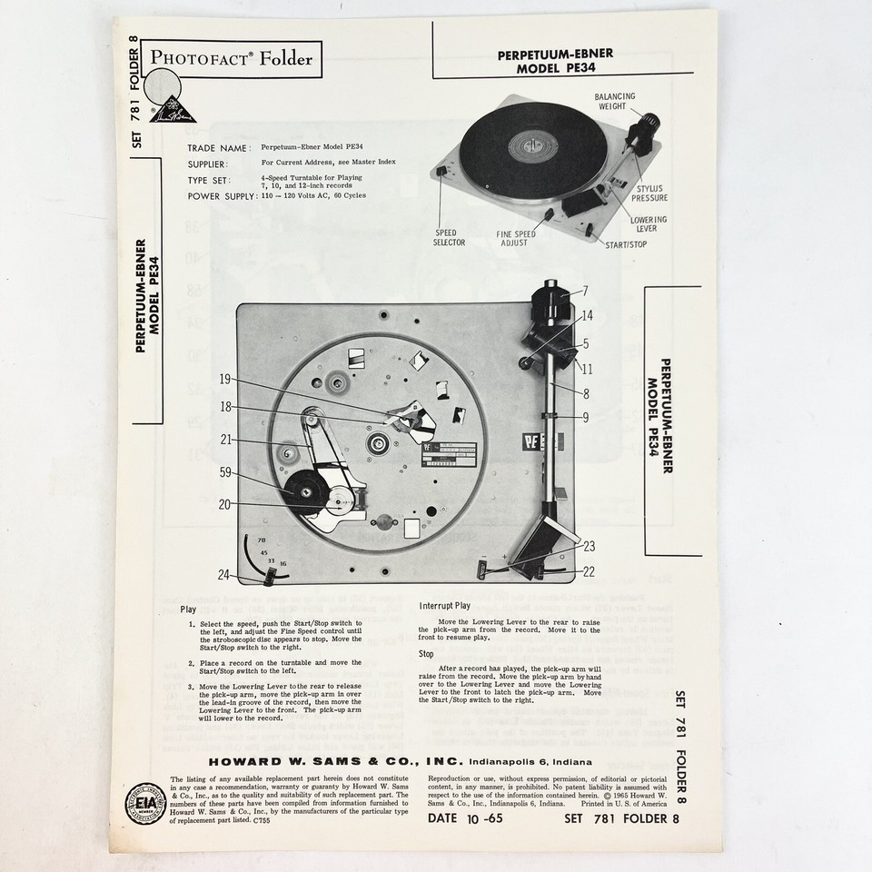 1965 Perpetuum Ebner Phono PE34 Wire Schematic Service Manual Sam's Photofact | eBay