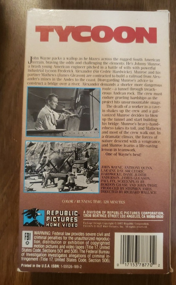 Tycoon (VHS, 1987) Very Good John Wayne Anthony Quinn Laraine Day 1947 ...
