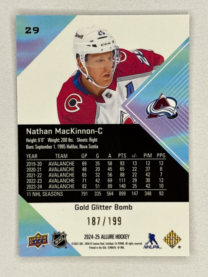 2024-25 UD Allure Nathan MacKinnon Gold Glitter Bomb /199 #29 Colorado ...