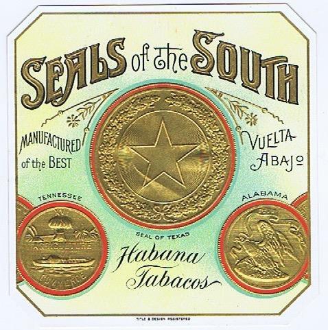 Seals of the South Louisiana Tennessee Texas Alabama outer cigar label ...
