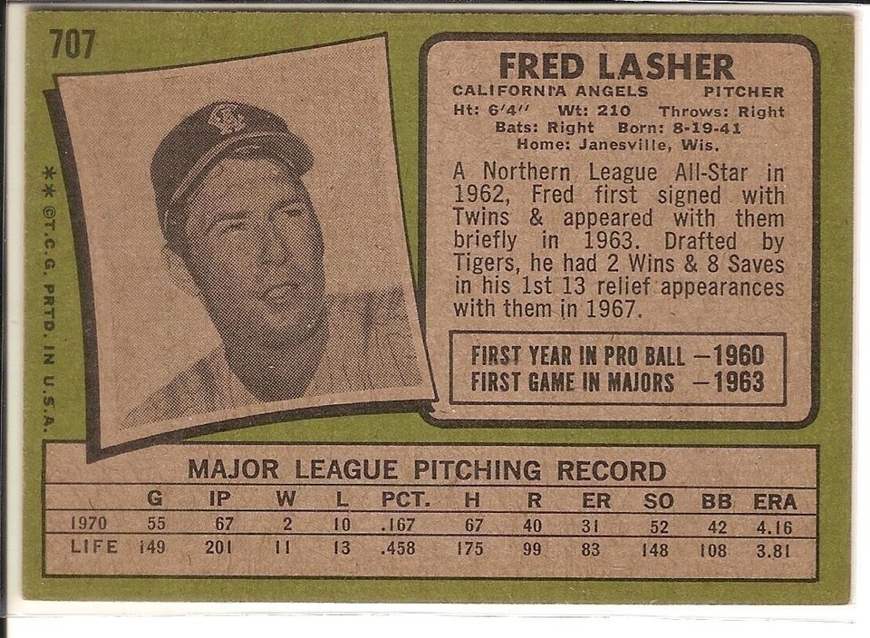 1971 Topps Baseball Card Fred Lasher #707 California Angels High Number ...