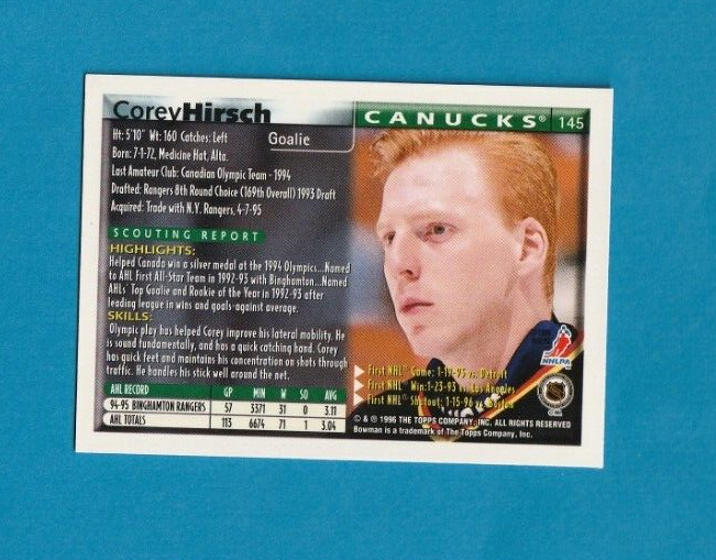 1995-96 Bowman Hockey ALL-FOIL parallel # 145 Corey Hirsch VANCOUVER ...