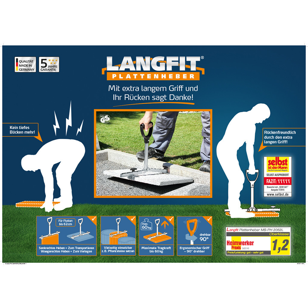 LANGFIT® Paving Slab Lifter 30-62cm Professional with Extra-Long Handle ...