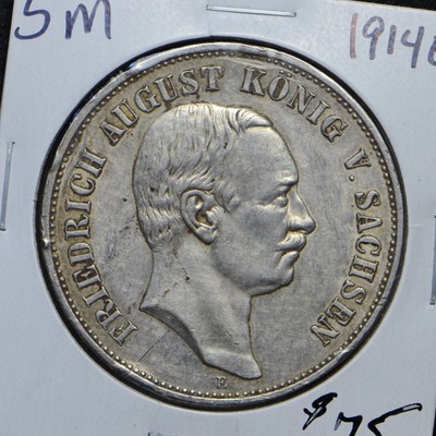 1914-E Germany Saxony 5 Mark Funf Reich .900 Silver Empire (cn12569) | eBay