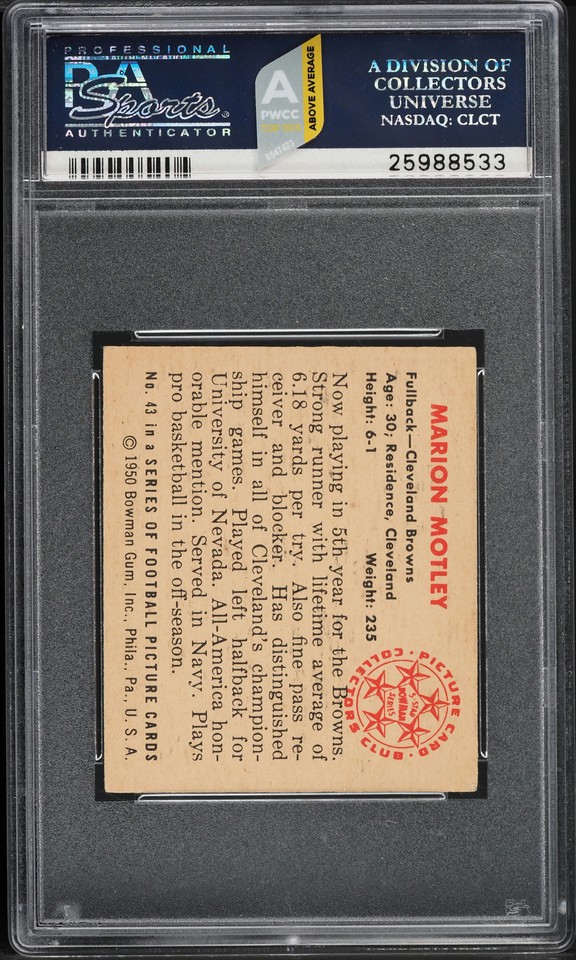 1950 Bowman FB Card # 43 Marion Motley Browns HOF ROOKIE RC PSA 5.5 EX+ ...