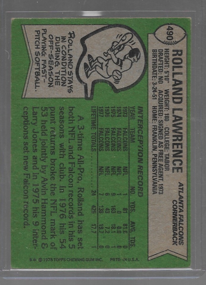 1978 Topps Rolland Lawrence #490 Atlanta Falcons Signed Autographed ...
