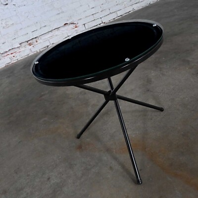 MCM Round Metal Outdoor Black Painted Tripod Accent Table with Glass ...
