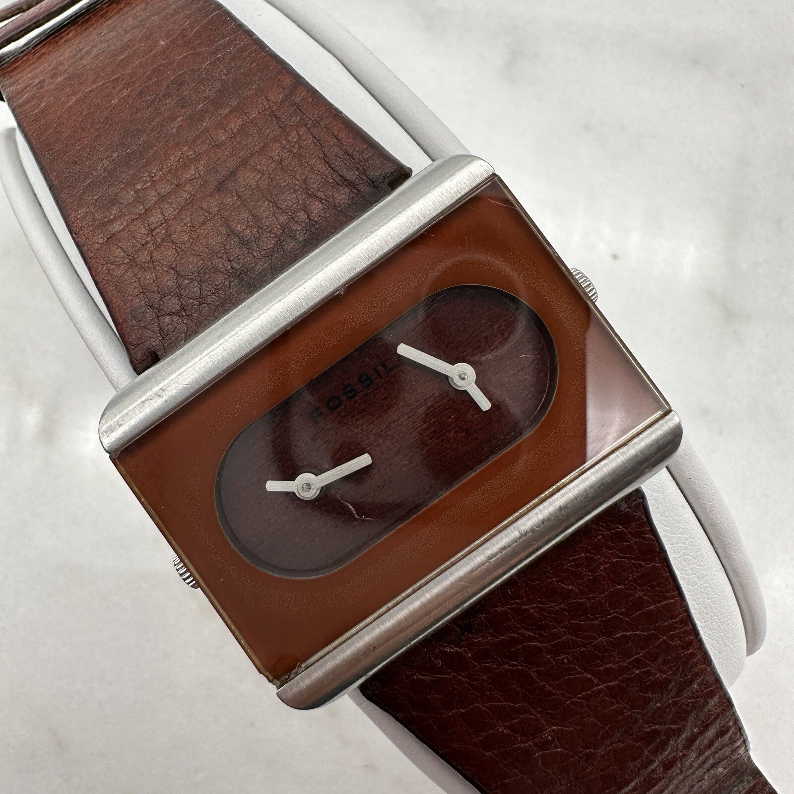 RARE Fossil JR-9400 Rectangle DUAL TIME Brown Leather… - Gem