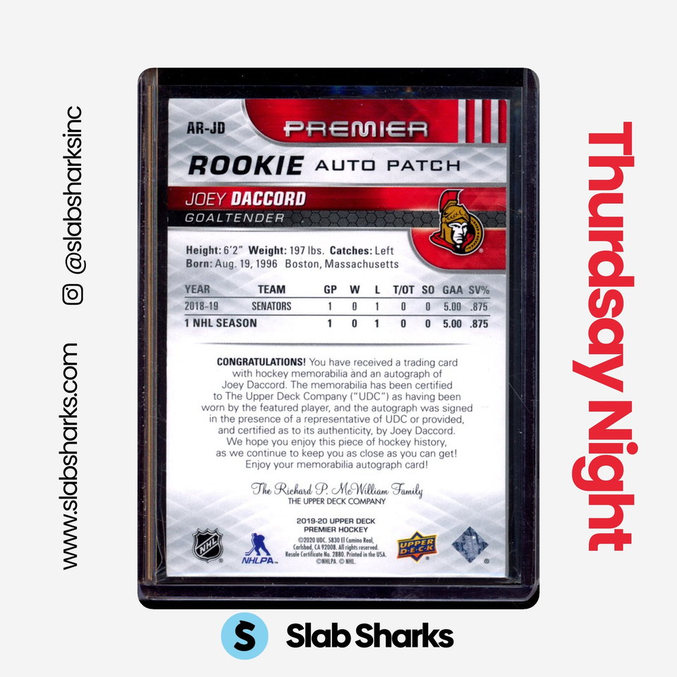 2019 UPPER DECK PREMIER #AR-JD JOEY DACCORD ACETATE ROOKIES AUTO PATCH ...