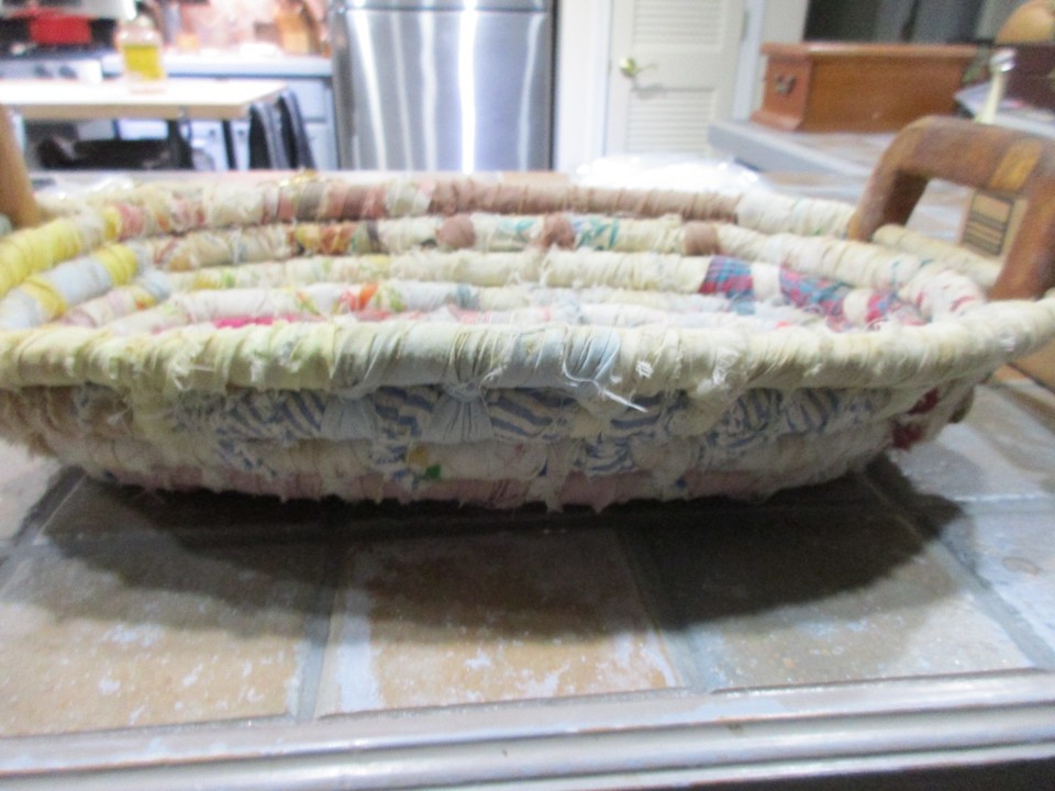 VTG Handmade Woven Rag Basket Carved Wood Handles Farmhouse Cottagecore ...