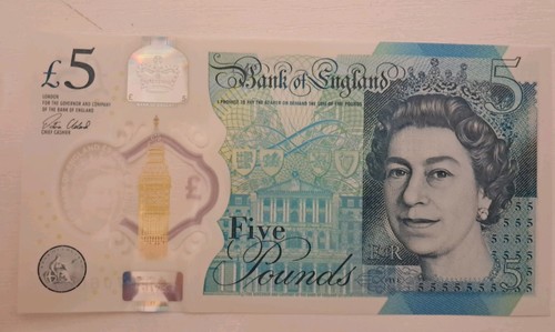 English Polymer £5 Banknote - Serial Number AJ26 706067 - First Issue ...