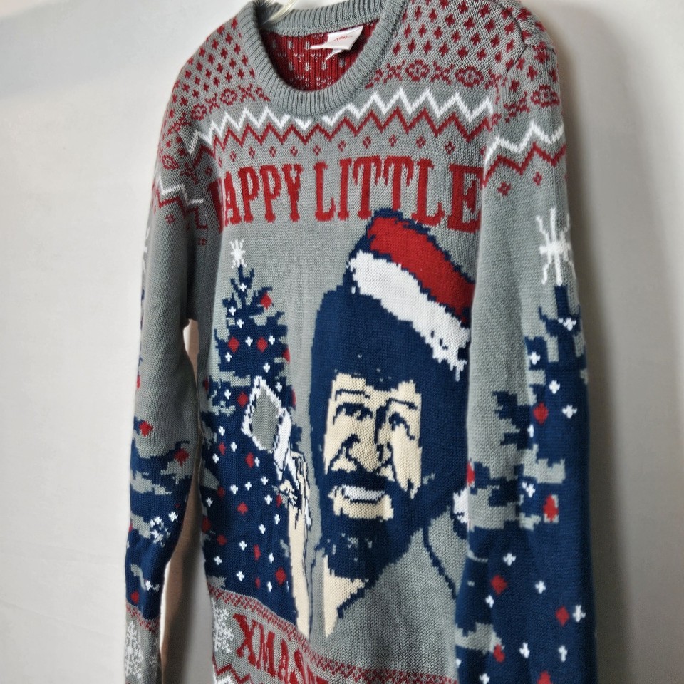 Bob Ross "Happy Little Xmas Trees" Christmas Knit Sweater Gray Men’s ...