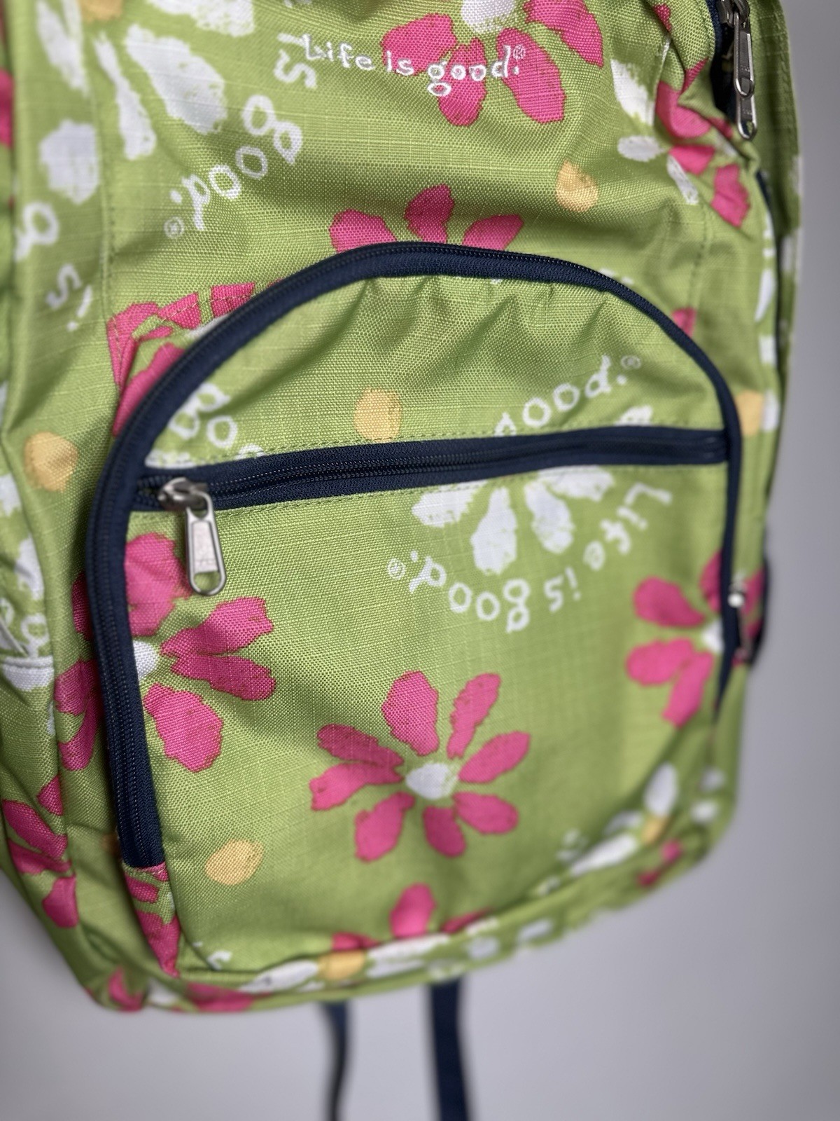 Life Is Good Backpack Flowers Retro School Hiking Lime Green Pink 14 ...