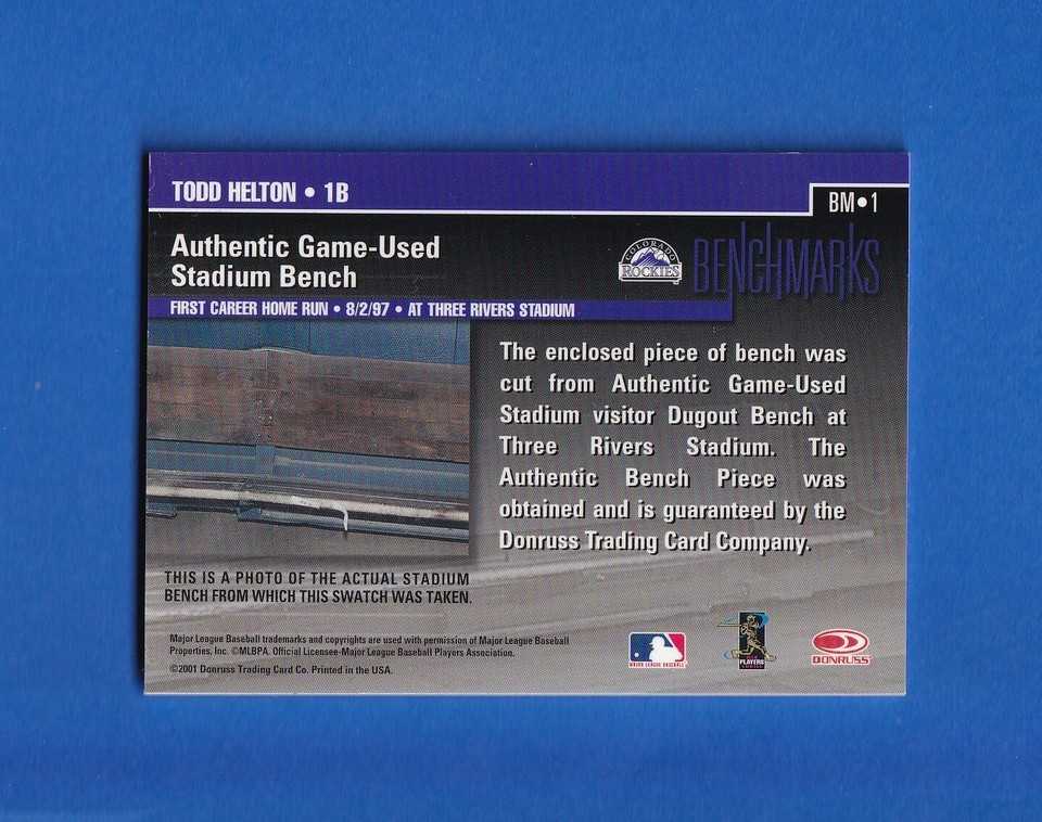 2001 Donruss Classics BenchMarks Relic Todd Helton #BM-1 Colorado ...