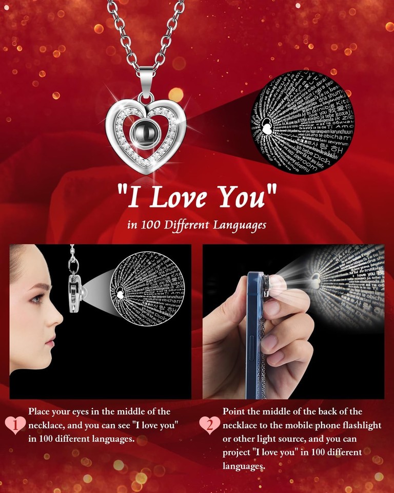 Preserved Red Forever Rose Heart Necklace Gift Box, Eternal Flowers I ...