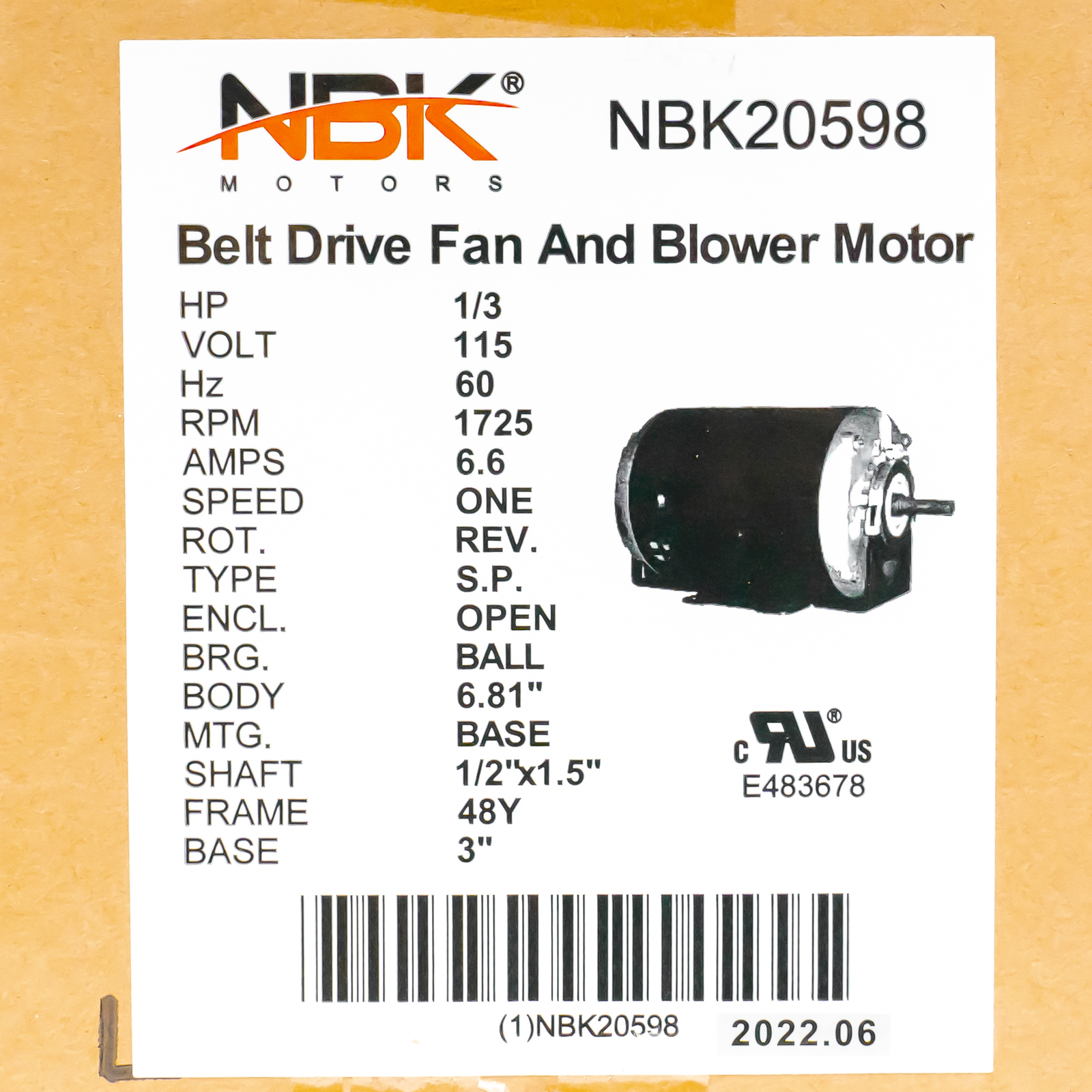 NBK 20598 Belt Drive Motor 1/3 HP 1725 RPM 115 Volts BB Replacement for ...