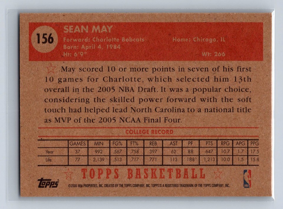2005 Topps 1952 Style #156 Sean May Charlotte Bobcats Rookie | eBay