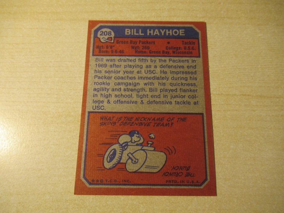 1973 TOPPS FOOTBALL BILL HAYHOE #208 ROOKIE CARD PACKERS HIGH GRADE ...