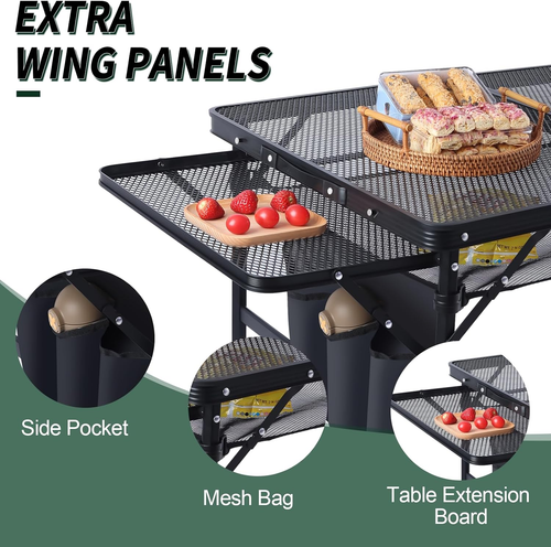 Folding Table with 2 Wing Panels, 3X2 FT Camping Table with Mesh ...