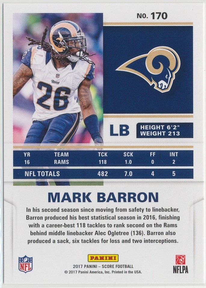 Mark Barron 2017 Panini Score Football #170 Los Angeles Rams | eBay