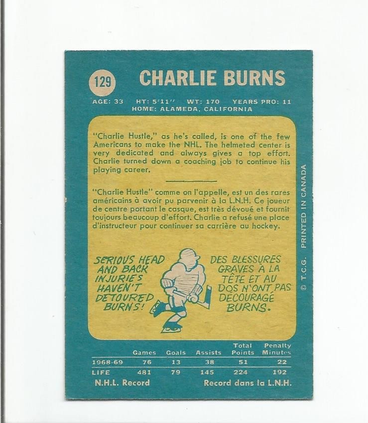 1969-70 CHARLIE BURNS O-PEE-CHEE HOCKEY CARD #129 "NICE GRADE CARD" | eBay