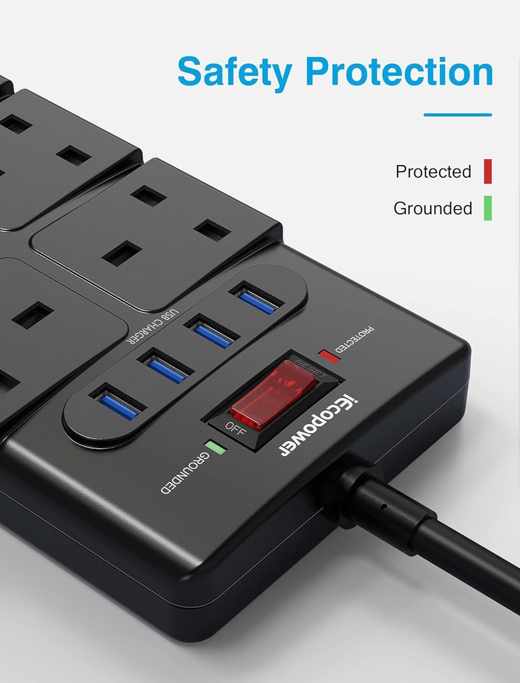 8 Way Mains + 4 USB Ports Extension + Surge Protection On/Off Switch 1 ...