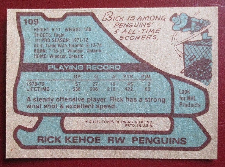 RICK KEHOE Pittsburgh PENGUINS 1979-80 TOPPS HOCKEY CARD #109 | eBay