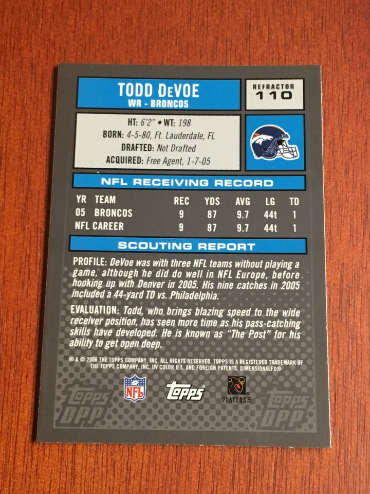 Todd Devoe 2006 Topps DPP Chrome Black Refractor #110 Denver Broncos | eBay