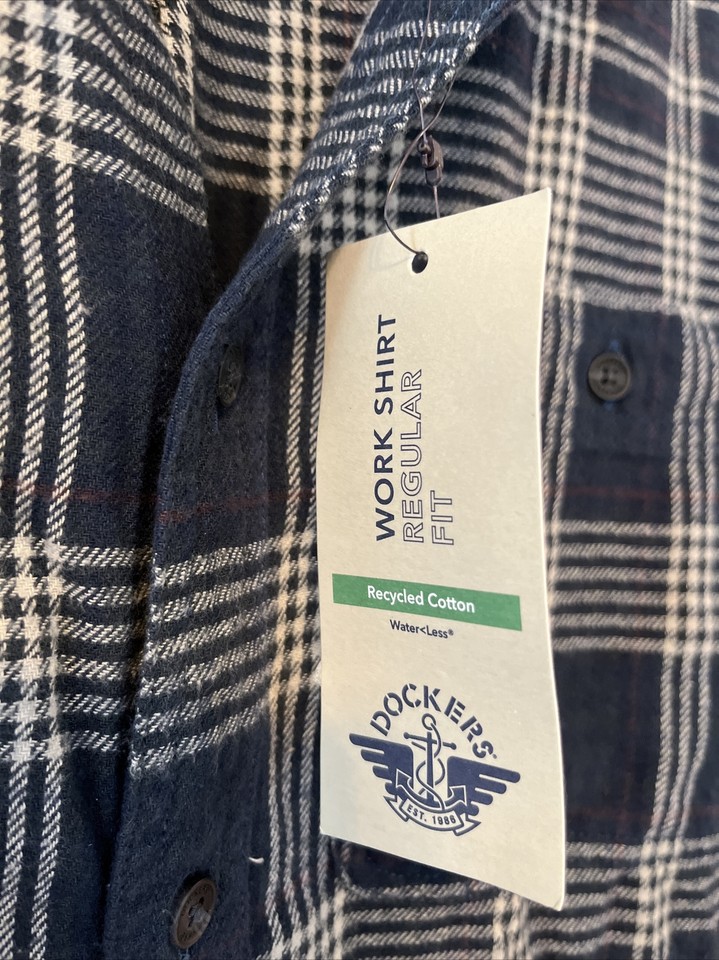 NWT Dockers Men's Regular Fit Button-Down Shirt Flannel Navy Blue M Work Shirt | eBay