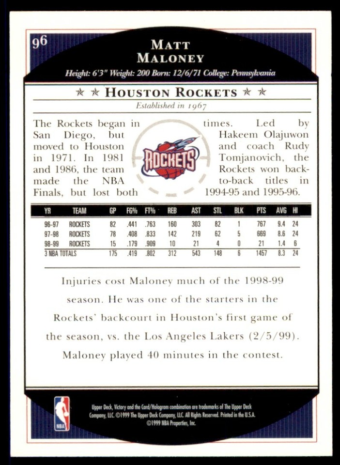 1999-00 Upper Deck Victory Matt Maloney Houston Rockets #96 | eBay