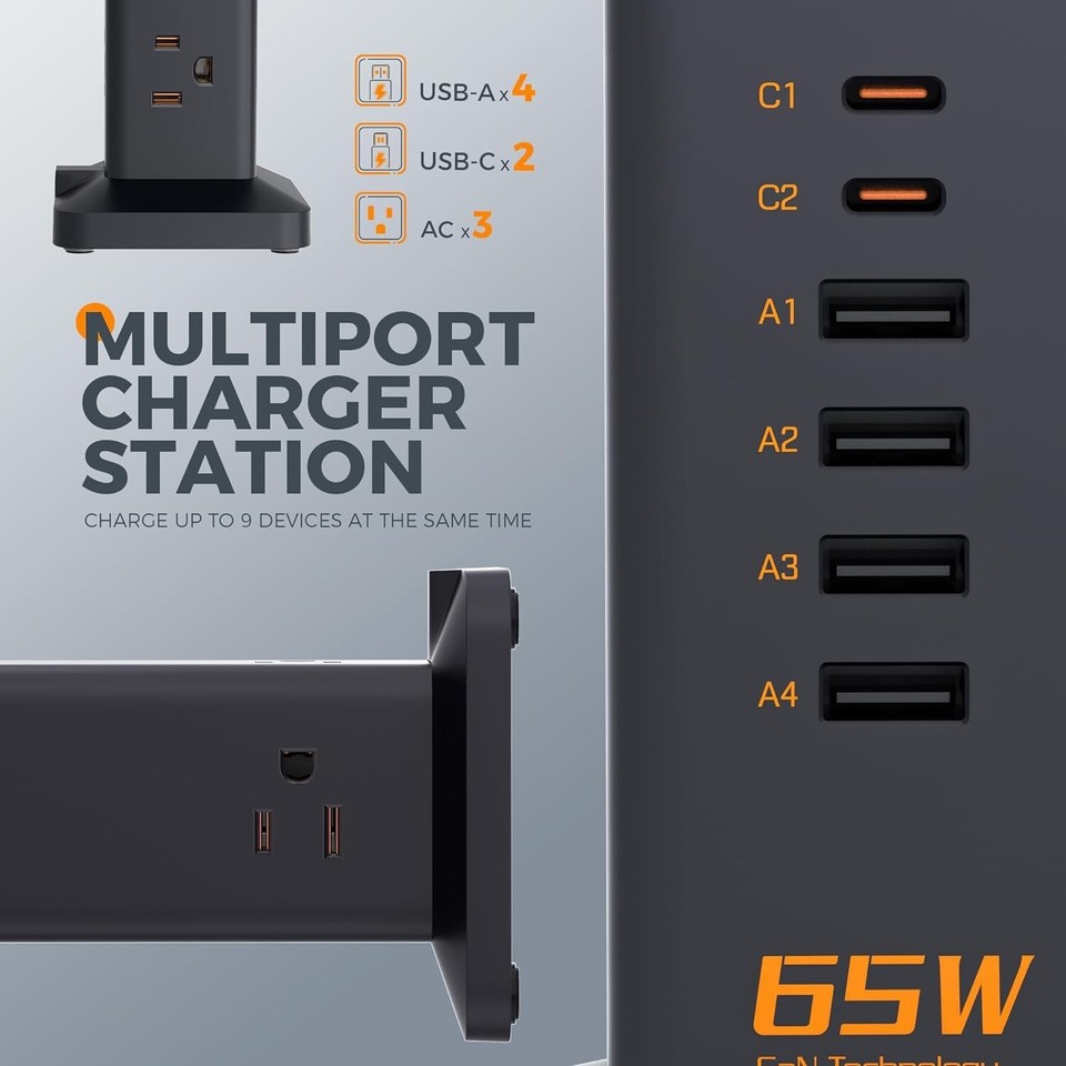 65W Fast Charger Tower USB Charging Station Type C Desktop Charger with ...